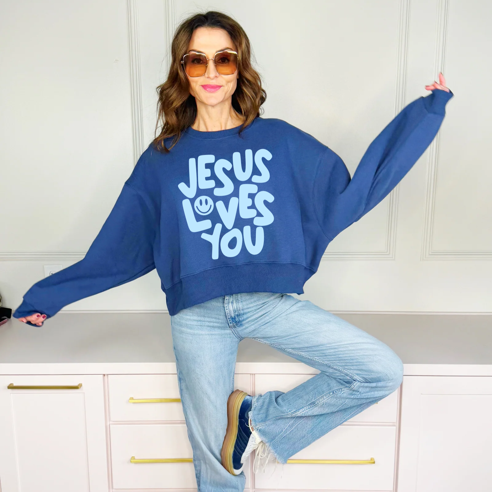 Smiley Jesus Loves You Puff Crop Sweatshirt-Pre Order